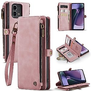 Defencase Moto G Stylus 5G 2023 Case, Motorola Moto G Stylus 5G 2023 Case Wallet for Women Men, Fashion PU Leather Magnet Flip Strap Zipper Card Holder Phone Case for Moto G Stylus 5G 2023, Rose Pink
