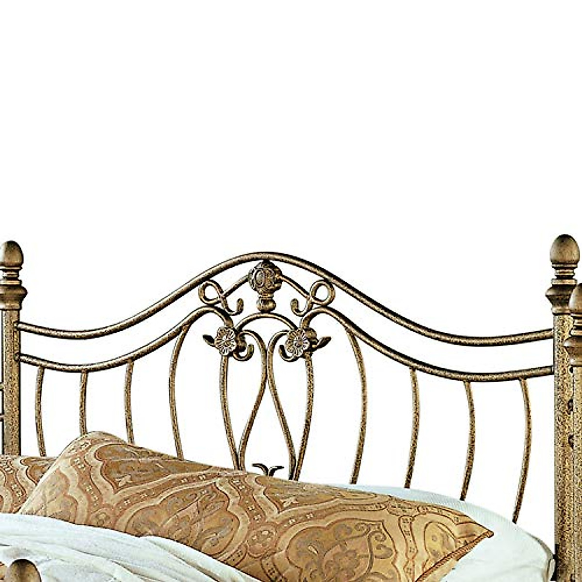 Benjara Metal Queen Headboard and Footboard with Swirling Floral Motifs, Antique Gold