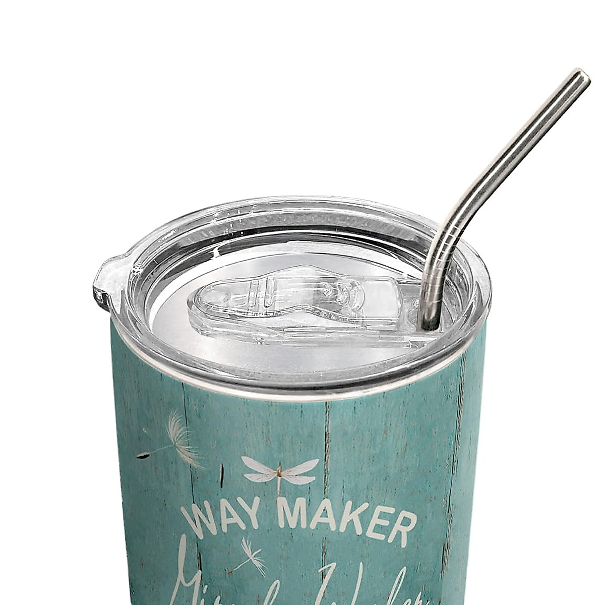 20oz Dandelion Dragonfly Faith Tumbler, Way Maker Miracle Worker Promise Keeper, Religious, Christian Gifts for Women, Stainless Steel Double Wall Vacuum Insulated Coffee Mug, Travel Cup with Lid