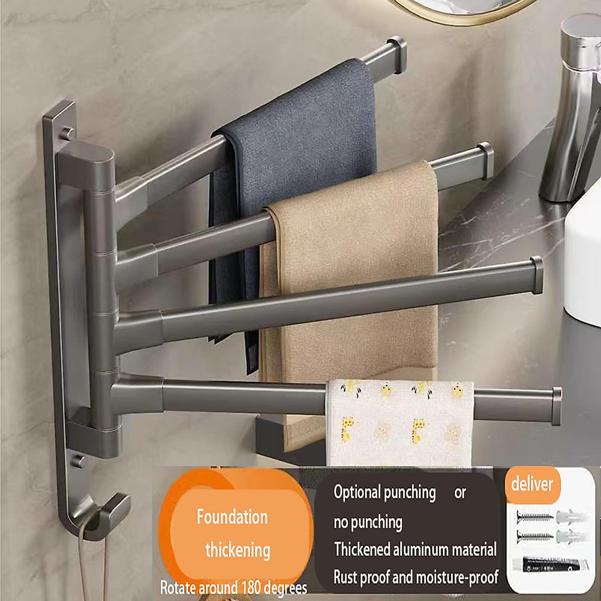 4-pole 180 ° rotatable towel bar, aluminum alloy swing arm Bath Towel Bars bathroom towel rack, swing hook towel rack storage rack, bathroom wall mounted towel storage rack, Silver gray