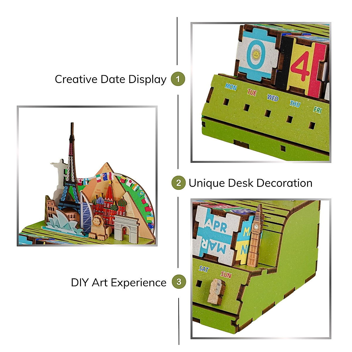 Tonecheer 3D DIY Wooden Yearly Calender, Creative Desk Calender, 3D Puzzle Decorative Calendar, Small Desk Calendar, Table Calendar (World Culture Calendar)