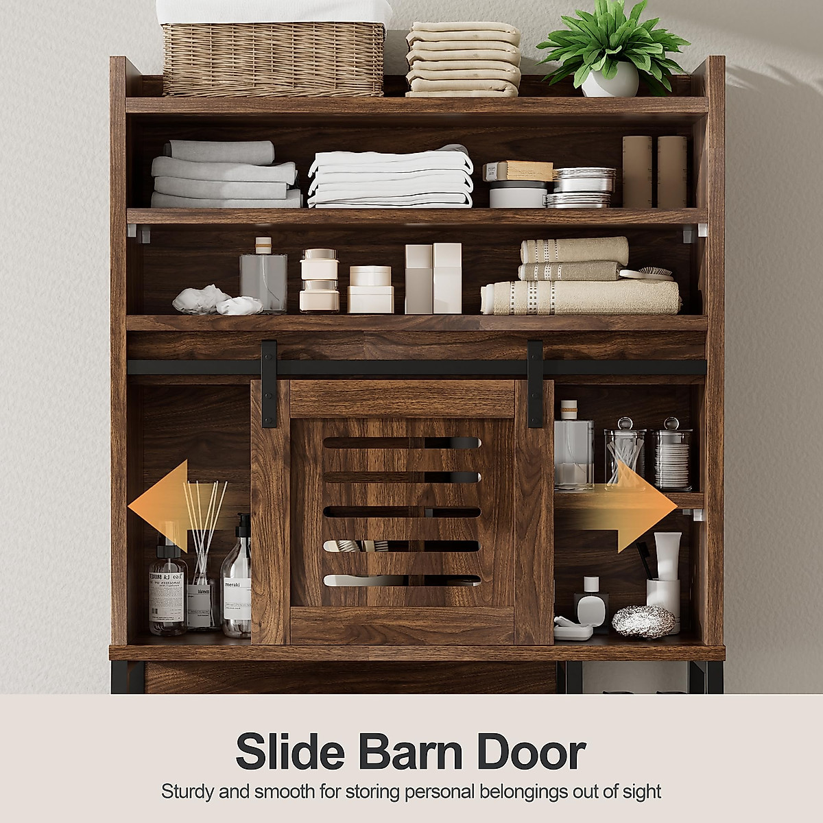 Meilocar Over The Toilet Storage Cabinet, Farmhouse Storage Cabinet Over Toilet with Sliding Doors, Freestanding Bathroom Cabinet Over Toilet Space Saver W/Adjustable Shelf, Walnut