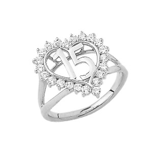 Dazzling Sterling Silver CZ Open Heart Quinceanera Ring (Size 9.5)