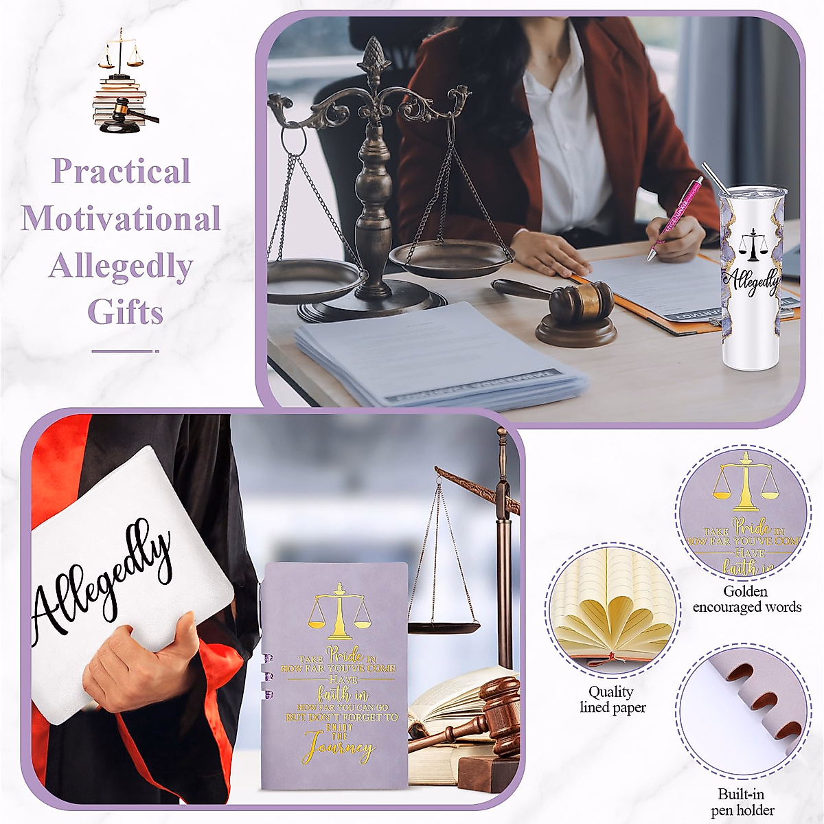 Domensi 6 Pcs Funny Allegedly Lawyer Gifts Judge Gift Lawyer Appreciation Day Gift 20 oz Marble Sign Tumbler Makeup Bag Notepad Ballpoints for Law Paralegal School College Teacher(Purple)