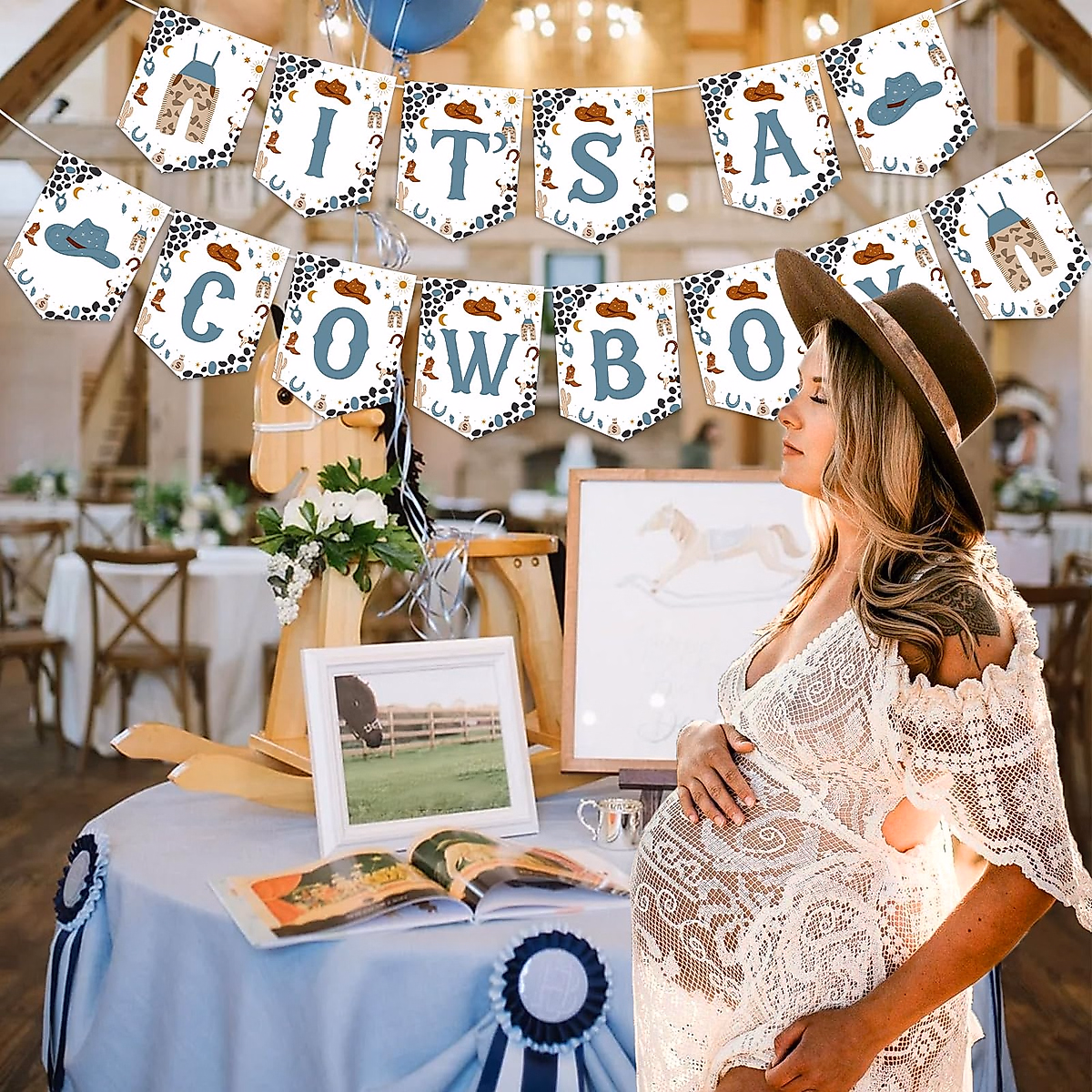 JOYMEMO It's A Cowboy Banner, Blue Cowboy Baby Shower Decorations for Boy, Western Little Cowboy Theme Decor Party Supplies