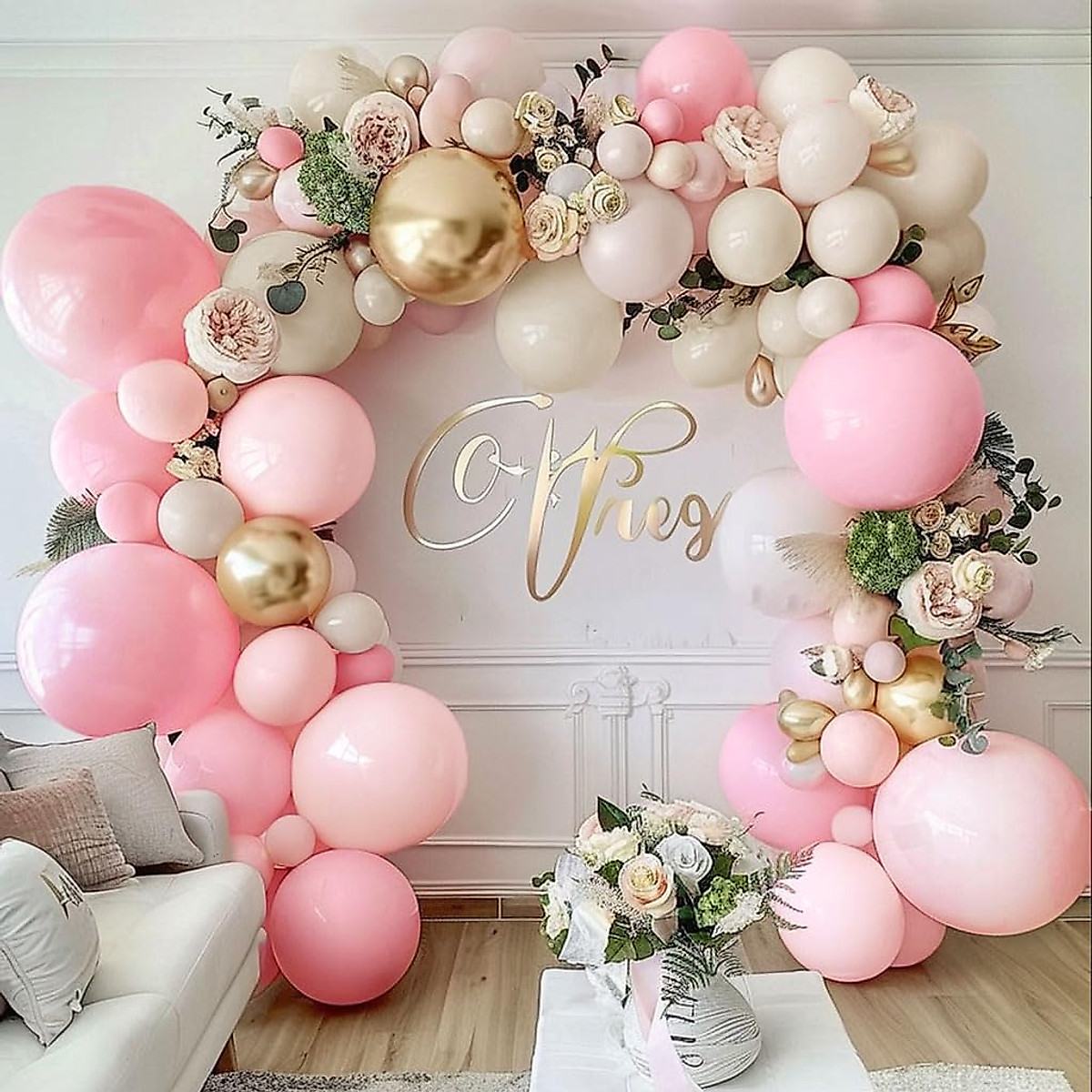 HIBAO Pink White Gold Balloon Garland Double Stuffed Pastel Baby Pink Cream Gold Balloon Arch Kit for Baby Bridal Shower Wedding Engagement Birthday Party Decoration