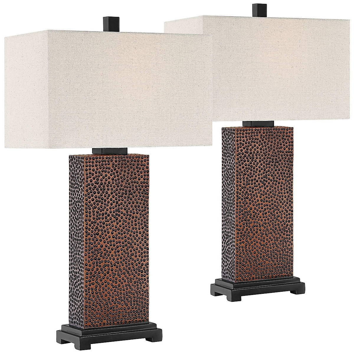 360 Lighting Caldwell Rustic Farmhouse Table Lamps 24.75" Tall Set of 2 Bronze Hammered Textured Fabric Rectangular Shade for Bedroom Living Room House Home Bedside Nightstand Office Family