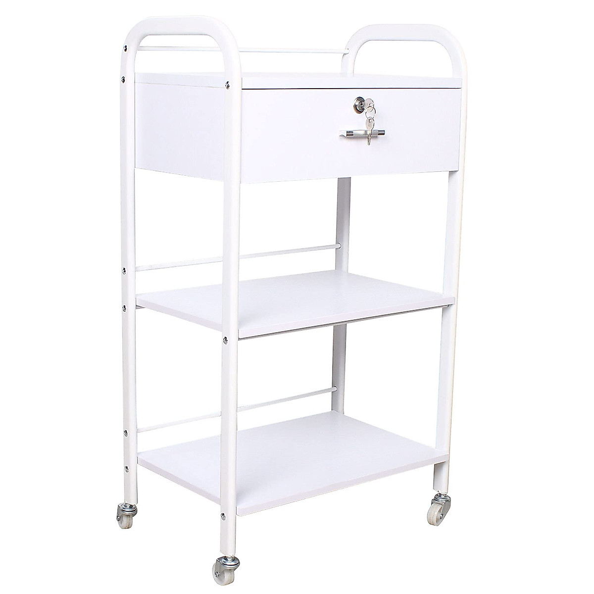 3-Tier Rolling Utility Cart with Wheels,White Mobile Esthetician Cart Trolley with Single Lockable Drawer,Medical Den-tal Serving Cart Trolley Steel Serving Cabinet & Kitchen Cart,Load 33LBS