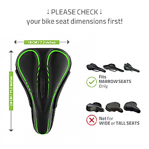 RONUX Narrow Gel Bike Seat Cushion - Extra Soft Comfy Bicycle Seat Cover - [ Extra Memory Foam & Gel ] for Peloton Bike, Stationary, Exercise, Electric, Road & Mountain Bikes - Women & Men - Green