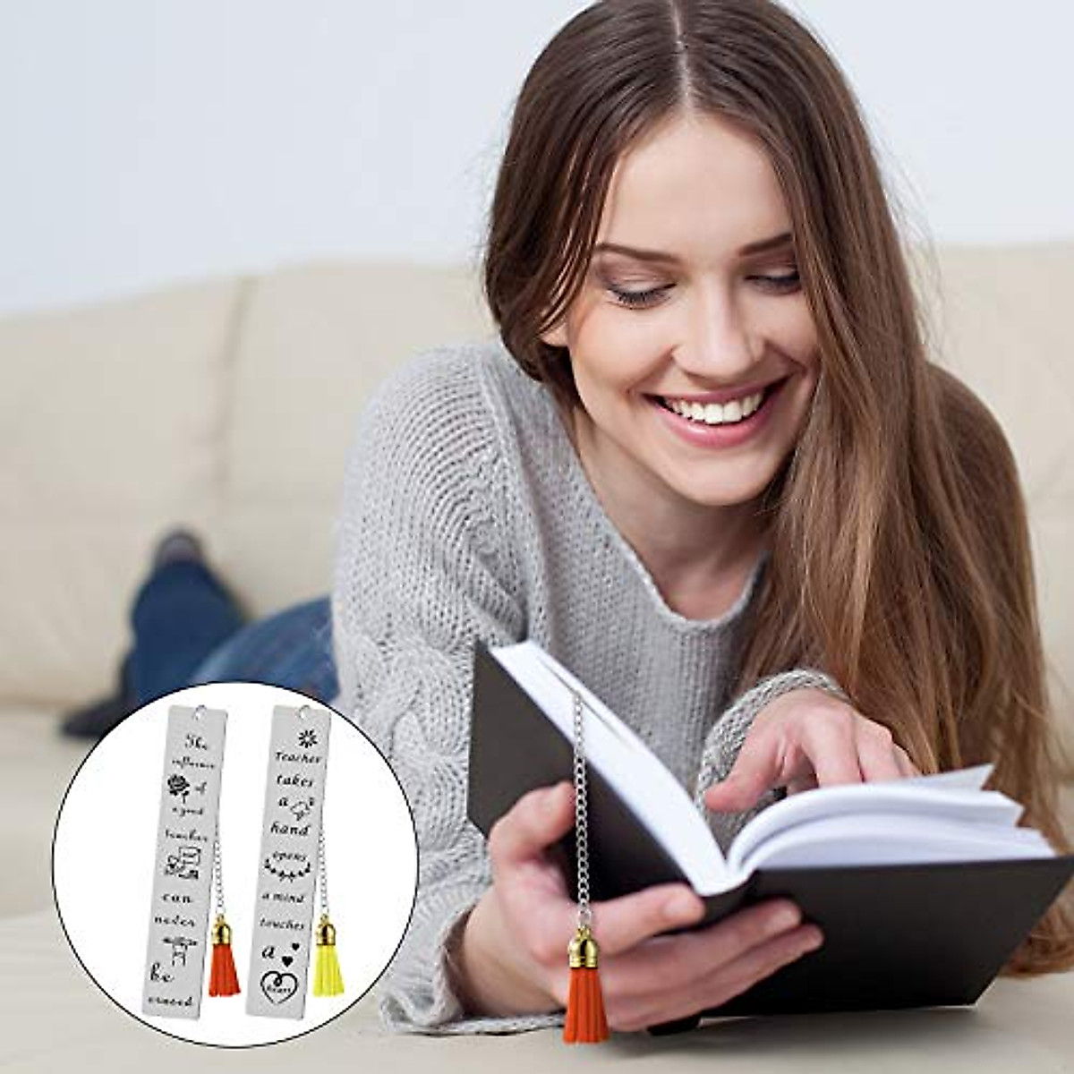 5 Pieces Teacher Bookmark Metal Teachers Appreciation Bookmark Thank You Present with Pendants Classic Bookmarks Christmas Present for Teacher Graduation Present (Gray)