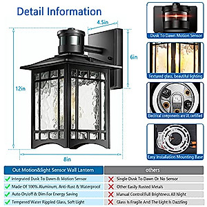 XANGQAN Motion Sensor Outdoor Lights Dusk to Dawn Lighting Waterproof Exterior Light Fixture Black 100% Anti-Rust Aluminum Wall Lights with Water Ripple Glass for House Porch Patio Garage Entryway