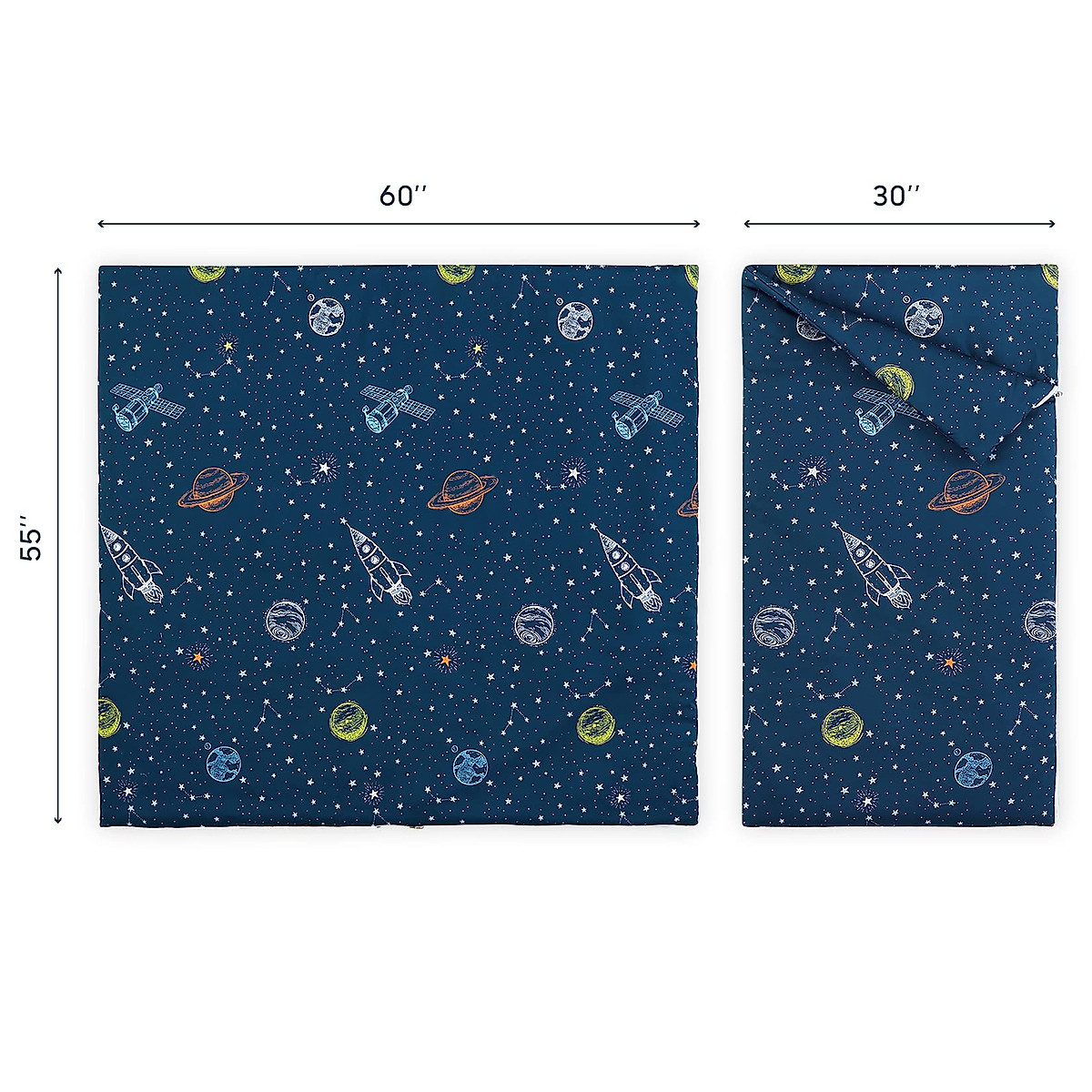 Wake In Cloud - Sleeping Bag Zippered, Nap Mat with Matching Pillow for Kids Boys Girls Sleepover Overnight Travel Slumber Bag, Rockets Stars Galaxy Space Planet on Navy Blue, 100% Soft Microfiber