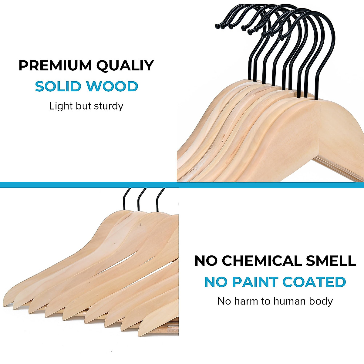 JS HANGER Wooden Coat Hangers, 30 Pack High Grade Wood Suit Hangers with Non Slip Pant Bar - Extra Smooth and Splinter Free, Unvarnished