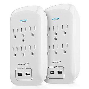 Fosmon 6 Outlet Surge Protector 1200 Joules with 2 USB Ports Charger (3.1A), Multi Plug Outlet Extender 1875 Watt, 3-Prong Grounded Wall Tap Adapter (2 Pack)