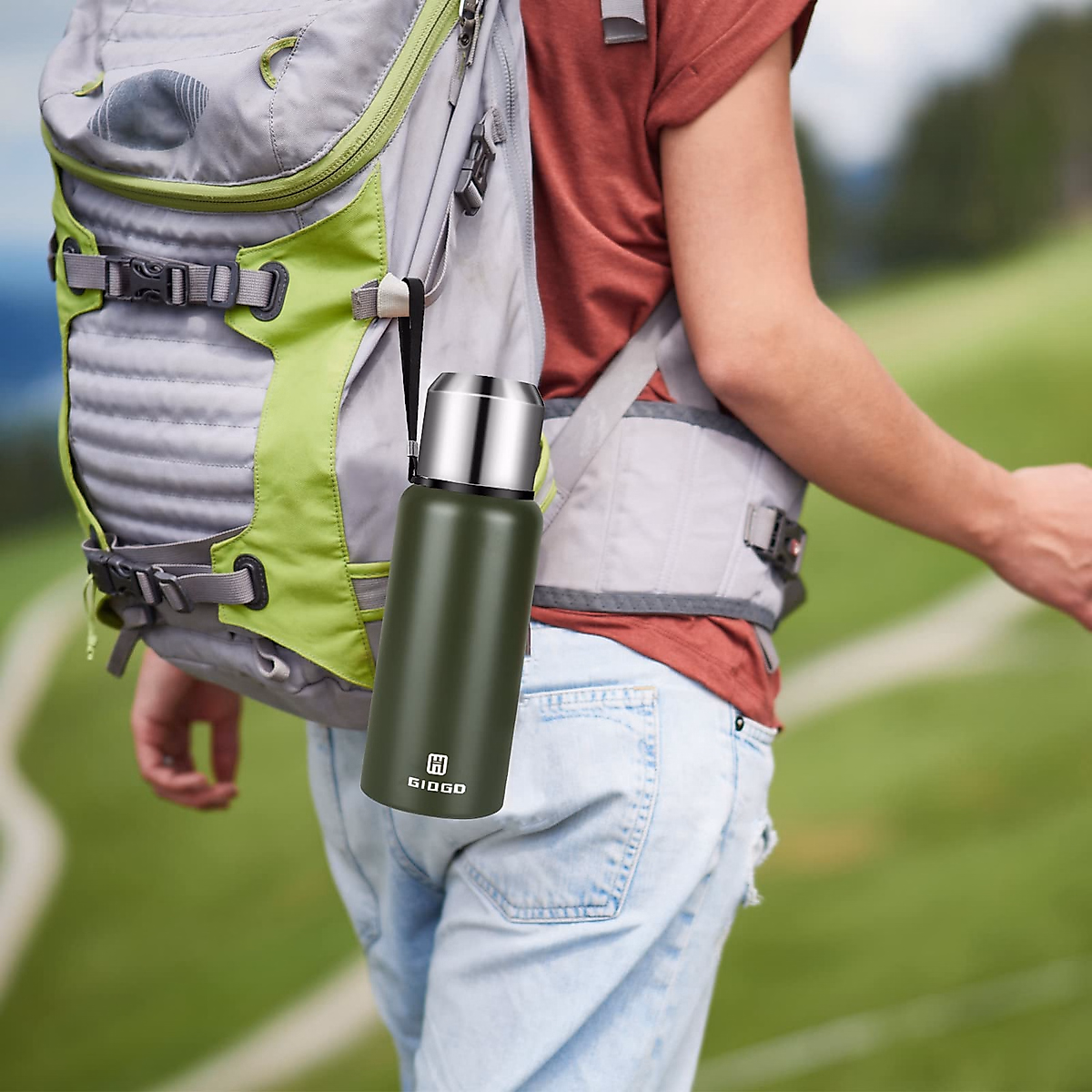 Insulated vacuum Thermo Bottle 500ml/16.9oz with cup Stainless steel coffee bottles for hot and cold drink water flask.(Green,500ml)