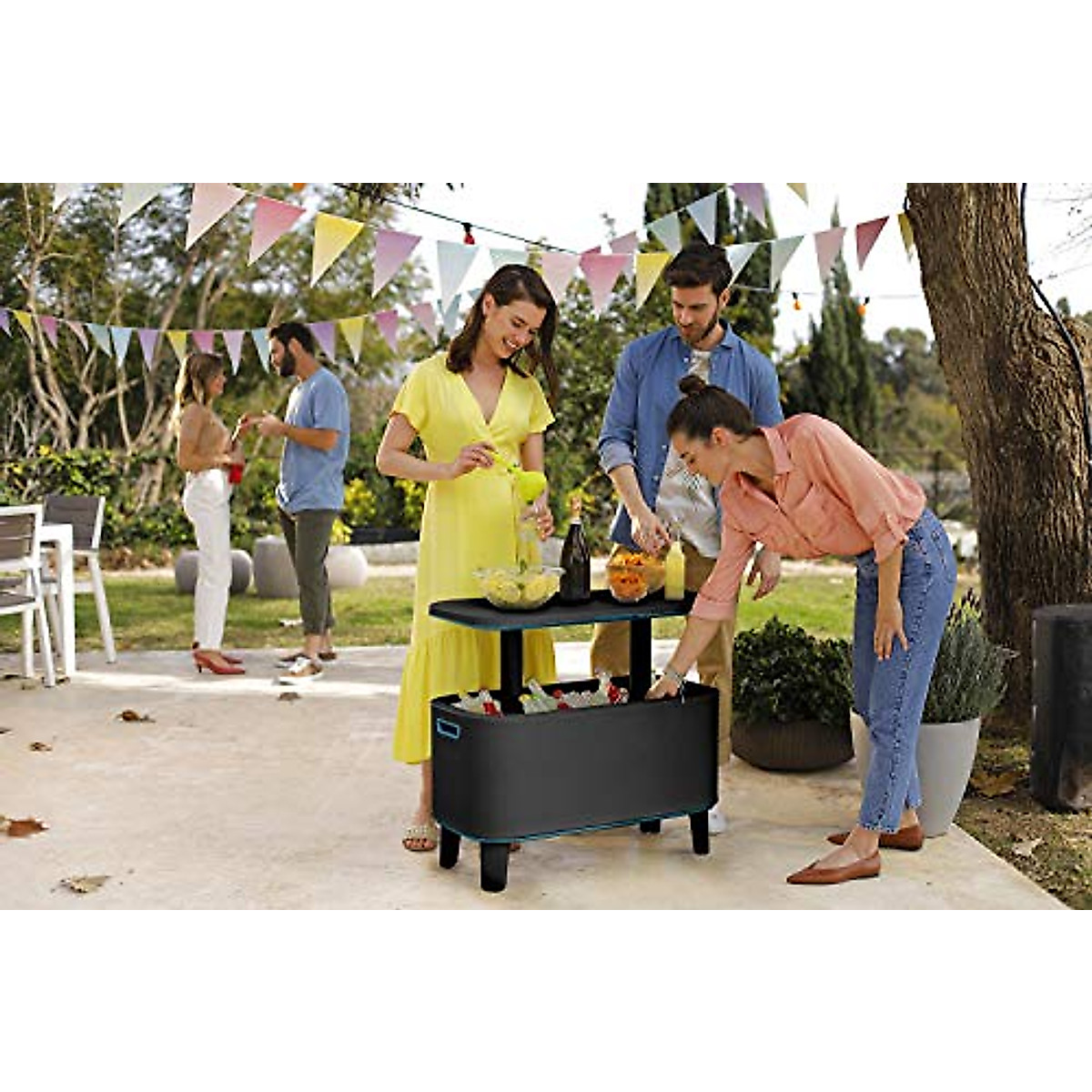 KETER Breeze Bar Outdoor Patio Furniture and Hot Tub Side Table with 14.8 Gallon Beer and Wine Cooler, Dark Grey & Teal