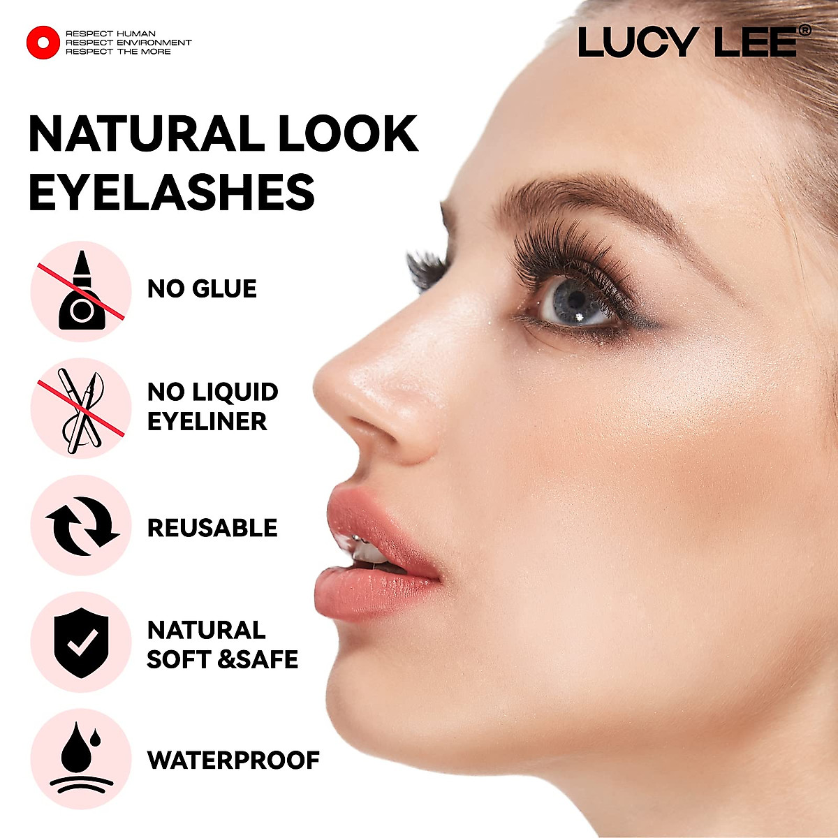 LUCY LEE Reusable Self-Adhesive Eyelashes 3 Pairs, False Eyelashes No Glue or Eyeliner Needed, Easy to Put on within 3 Secs, Stable/Non-slip Waterproof Fake Eyelashes Soft Reusable Lashes 3D