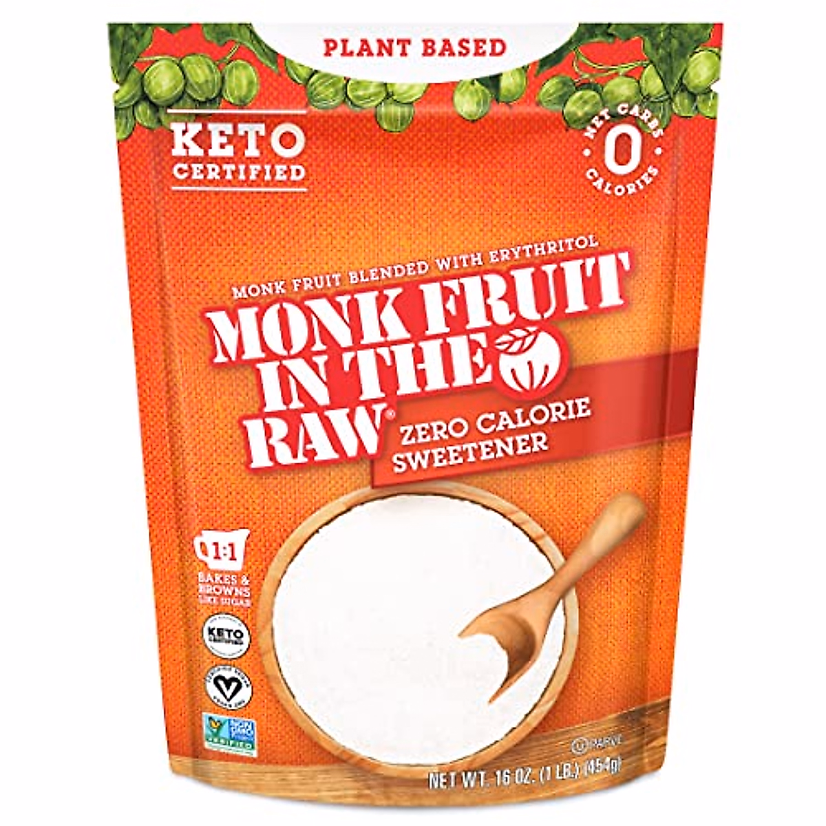 MONK FRUIT IN THE RAW, Natural Monk Fruit Sweetener w/ Erythritol, Sugar-Free Keto, Gluten Free, Zero Calorie, Low Carb, Vegan, Sugar Substitute, 16 oz. Baking Bag (Pack of 1)