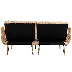 Eafurn Sherpa Teddy Futon Sofa Bed, Modern Boucle Upholstered Comfy Loveseat Couch Sleeper Sofabed with Golden Metal Legs and Throw Pillows, Small Folding Sofa&Couch for Home Office, Camel 65.35"