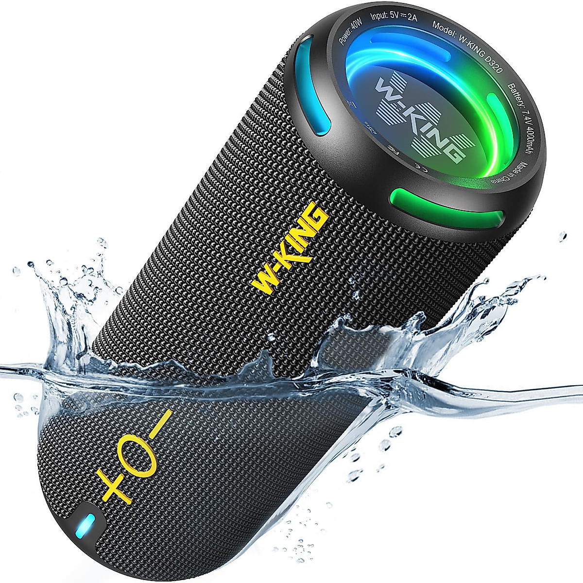 W-KING Bluetooth Speakers - IP67 Waterproof Outdoor Portable Wireless Speaker, Customized EQ APP/Deep Bass, 40W HD 360° Stereo Surround Sound with Lights/V5.3/DSP/TF/AUX, Dustproof for Shower, Camping