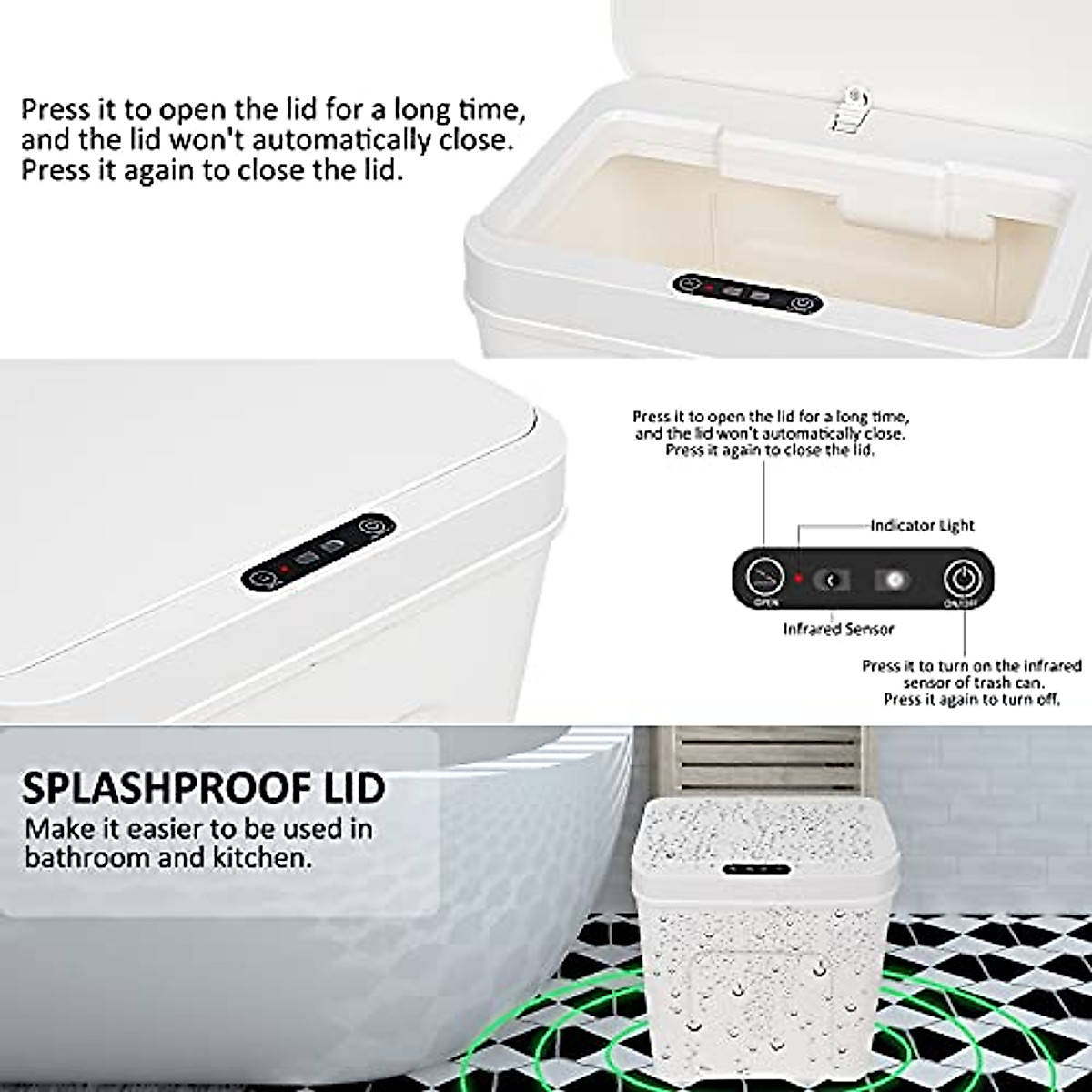 Kitchen Trash Can with Infrared Motion Sensor,Automatic Silent Open Close Lid for Bathroom Bedroom,Smart Electric Touchless Touch Free Handsfree Garbage Bin,Battery Operated Waste Container,3 Gallon