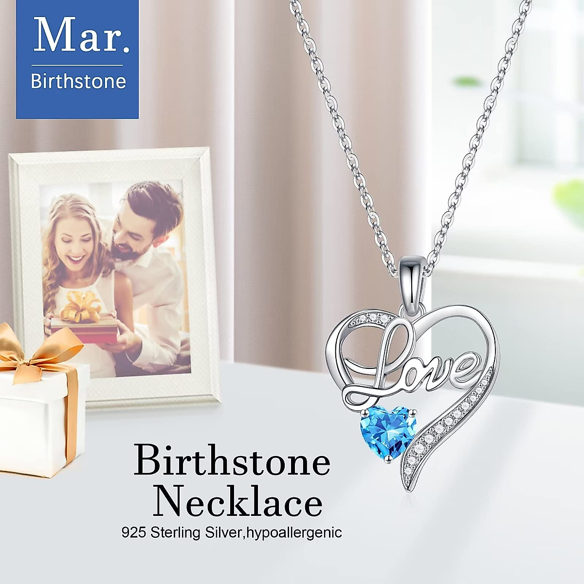 Iefil Forever Love Necklace Gifts for Women, Dainty Birthstone Jewelry Anniversary Valentines Day Gifts for Her Mothers Day Christmas Birthday Gifts for Wife Girlfriend Mom March Aquamarine Necklace