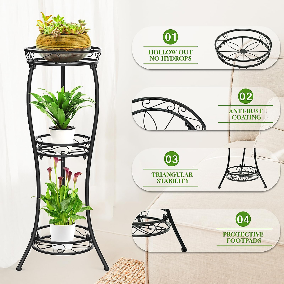 FLMOUTN 3 Tier Tall Metal Plant Stand for Indoor Outdoor Plants, 35 Inch Corner Plant Stands Display Rack, Rustproof Iron Flower Pot Holder Shelf for Patio Balcony Garden Living Room (Black)