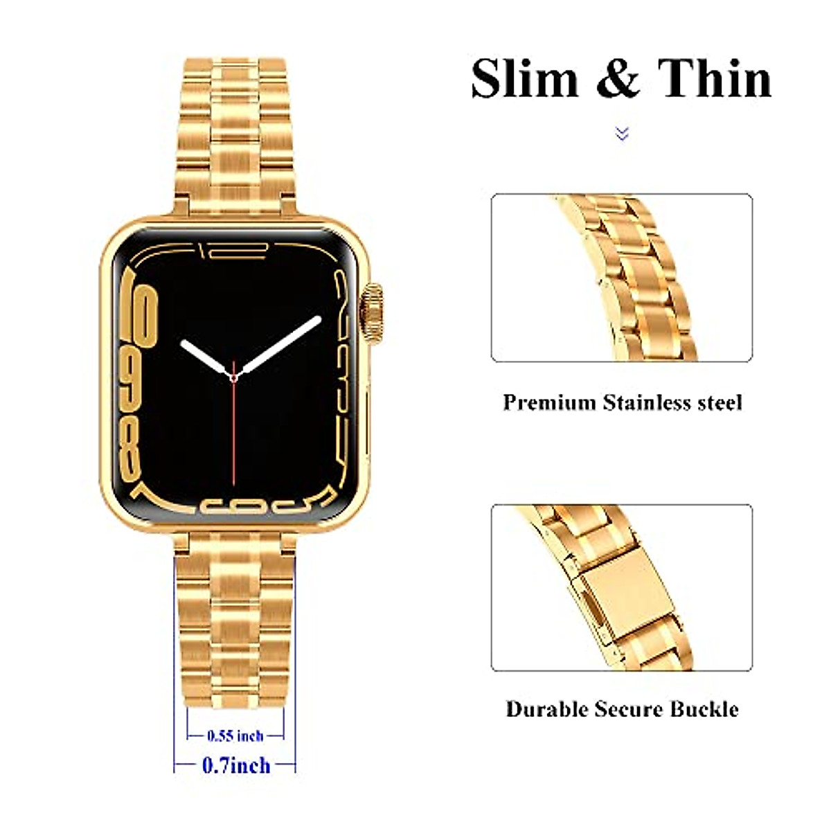 CSJCUBIC Metal band Compatible with Apple Watch Band 38mm 40mm 41mm 42mm 44mm 45mm for women, Slim and Thin Stainless Steel Replacement Adjustable Wristband for iWatch Series 8/7/6/5/4/3/2/1/SE (Gold, 38mm/40mm/41mm)