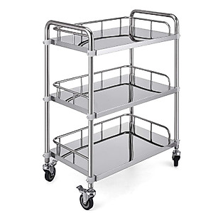 VEVOR Lab Rolling Cart 3 Shelves Shelf Stainless Steel Rolling Cart Catering Dental Utility Cart Commercial Wheel Dolly Restaurant Dinging Utility Services (23.4" x 15.6" x 33.2")