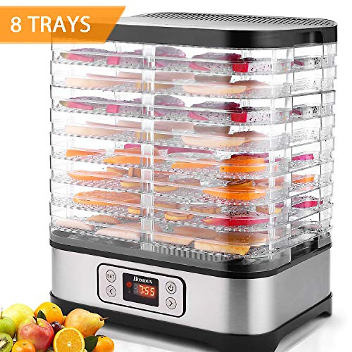 Food Dehydrator Machine, with Fruit Roll Sheet + 8 Trays + 400W Digital Timer and Temperature Control (95ºF-158ºF), for Jerky/Meat/Beef/Fruit/Vegetable, BPA Free