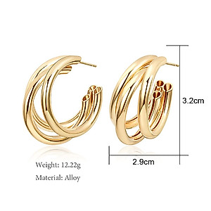 RELOVET Triple Hoop Earrings Chunky Tube Gold Silver Earrings Minimal Statement Fashion for Women (gold)