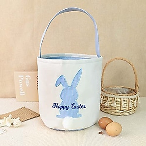 Easter Baskets with Bunny Tail for Kids, Applique Stripe Bunny Easter Bucket for Child, Embroidered Easter Hunt Bag, Blue Stripe Easter Basket, Girls Boys Easter Gifts.