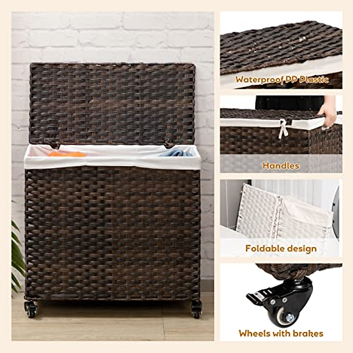ALIMORDEN Wicker Laundry Hamper with Lid and Wheels 110L Clothes Laundry Basket with Removable Liner Bags Large Hampers for Laundry Organizer 3 Sections for Bedroom Closet Laundry Room Bathroom Brown