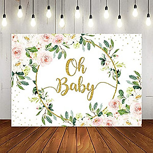 Avezano Oh Baby Shower Backdrop Pink Flower Baby Shower Gold Dots Background Girls Blush Floral Baby Shower Party Decorations Photo Shoot Props (7x5)