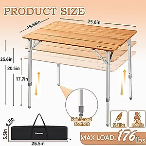 KingCamp Bamboo Folding Table Environmental Camping Table with Adjustable Height Aluminum Legs Heavy Duty 4-Folds Portable Camp Tables for Travel, Picnic, Party, Beach, 1-2 People