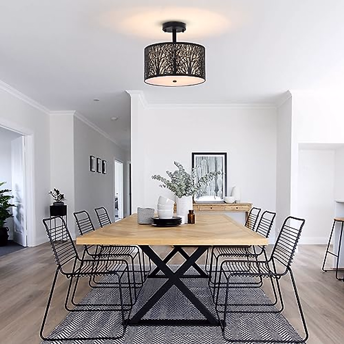 Stepeak Semi Flush Mount Ceiling Light Fixture, Black Light Fixture, 3-Light Drum Light with Etched Pattern Shade, Farmhouse Ceiling Lights for Bedroom Kitchen Hallway Dining Room Foyer Entryway