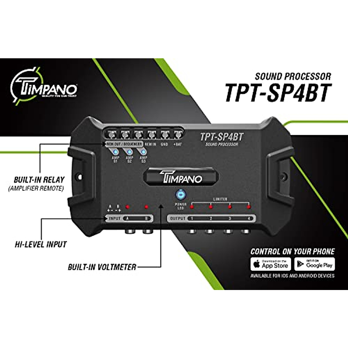 Timpano TPT-SP4BT Bluetooth DSP 4 Output Channel- Full Digital Signal DSP Car Audio Processor - Built-in Voltmeter and Remote Relay