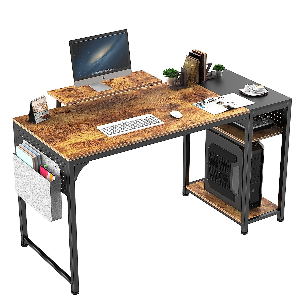 DESIGNA 55 Inch Home Office Computer Desk with Monitor Stand Storage Shelves, Study Writing Moder PC Computer Gaming Desk Large Workstation with 2 Hooks & Storage Bag,Easy Assembly，Rustic Brown/Black