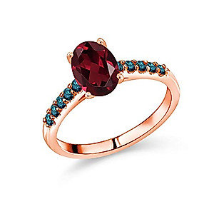 Gem Stone King 2.33 Ct Oval Red Rhodolite Garnet Blue Diamond 10K Rose Gold Ring (Size 8)