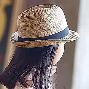 Kids Floppy Straw Sun-Hat Foldable Summer Short Brim Sun-Beach-Hat for Babyboys Girls Kahki