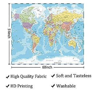 World Map Tapestry for Bedroom Map Men Tapestry Blue World Geographical Distribution Tapestry Aesthetics Large Poster Art Room Decor Wall Hanging for Student Kids Dorm Office Living Room (51''x 60'')