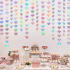 Holographic Iridescent Love-Heart Garland - 48Ft Heart Streamers, Lover Bachelorette Party Decor, Heart Party Supplies, Sweet 16 21st 30th Birthday Party Decorations, Graduation Wedding Disco Decor