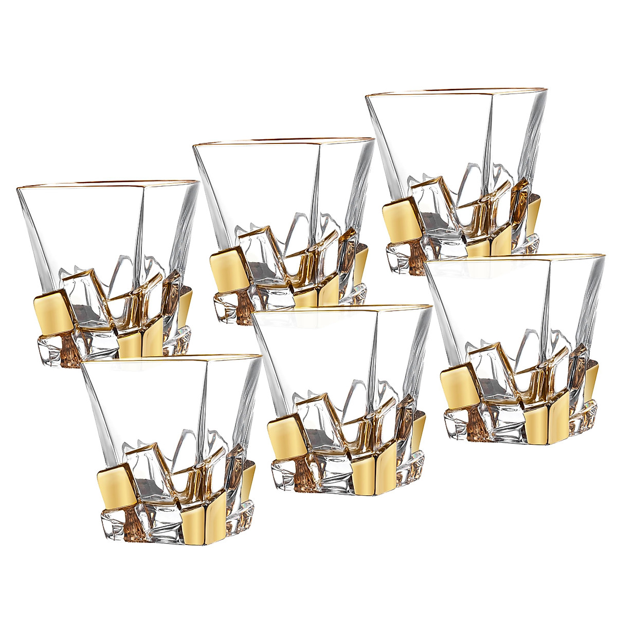 Barski - European Quality Glass - Crystal - Set of 6 - Square Shaped - Double Old Fashioned Tumblers - DOF - 11.7 oz. - with Gold Ice Cubes Design - Glasses are Made in Europe