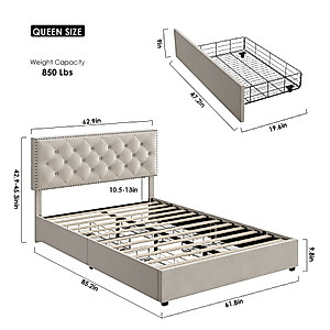 HOSTACK Queen Size Bed Frame with 4 Storage Drawers, Modern Upholstered Platform Bed with Adjustable Headboard,Button Tufted Bed Frame with Wood Slat Support,No Box Spring Needed(Beige)