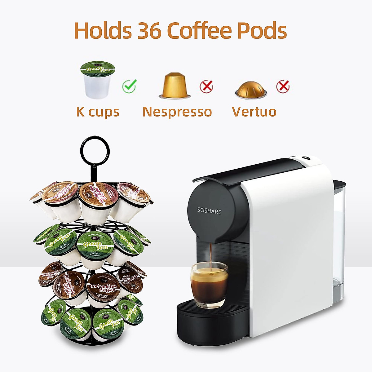 ROWISE K-Cup Pod Carousel Holder and Organizer for 36 Pods - Spins 360 Degrees, Detachable, Modern Metal Design in Black for Home and Office Counters