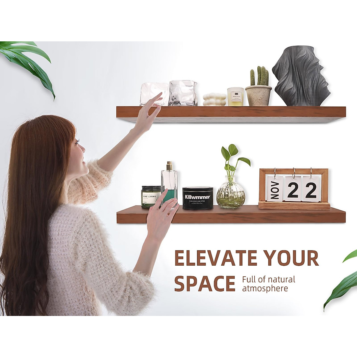 TANYRE 24 inch Rustic Farmhouse Floating Shelves, Wall Mounted Shelves for Bedroom Living Room Kitchen, Set of 2(Honey Oak)