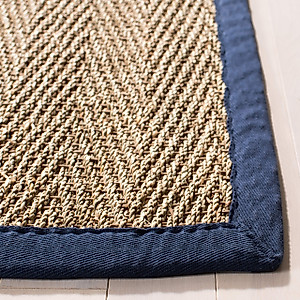SAFAVIEH Natural Fiber Collection Area Rug - 6' x 9', Natural & Blue, Border Herringbone Seagrass Design, Easy Care, Ideal for High Traffic Areas in Living Room, Bedroom (NF115E)