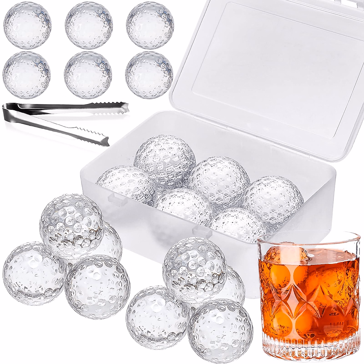 Funtery 12 Pieces Golf Ball Whiskey Chillers Glass Whiskey Rocks Gift Set for Men Reusable Whiskey Rocks Chilling Rocks with Plastic Box and Tongs for Cocktail Wine Husband Dad Boyfriend Brother Bar