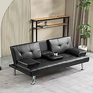 RIDFY 66.5” Modern Futon Sofa Bed with Metal Legs/2 Cupholders, Convertible Folding Upholstered Loveseat, Memory Foam Living Seat with Removable Armrests for Compact Spaces/Apartments/Office (Black)