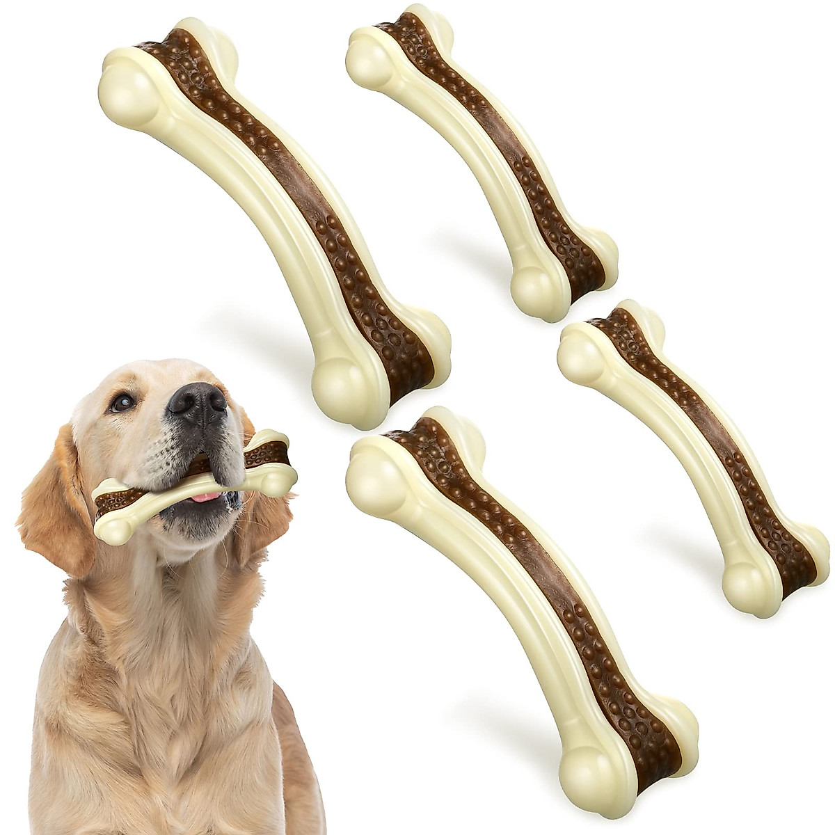 Sosation Chew Toys for Aggressive Chewers Large Breed Beef Flavor Dog Teething Chew Toys Bones Durable Nylon Bones for Large Puppies, 6.3 Inch(Large, Medium)